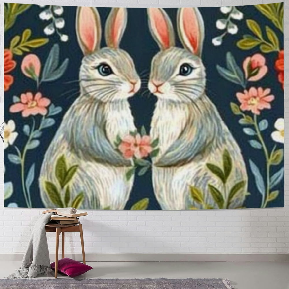 BCIIG Rabbits Flowers Leaves Tapestry Wall Hanging Unique Style Graphic ...