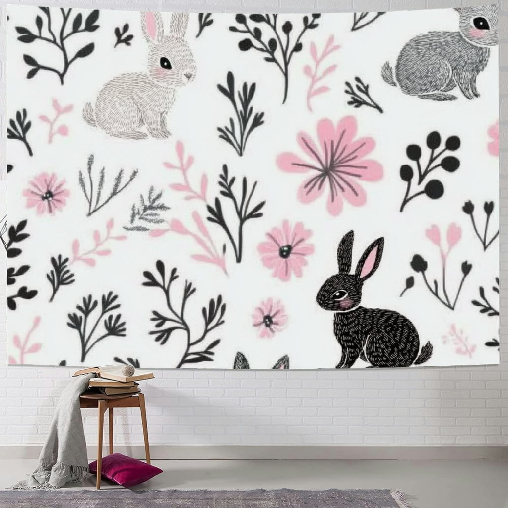 BCIIG Rabbits Flowers Pattern Tapestry Wall Hanging Unique Style for ...
