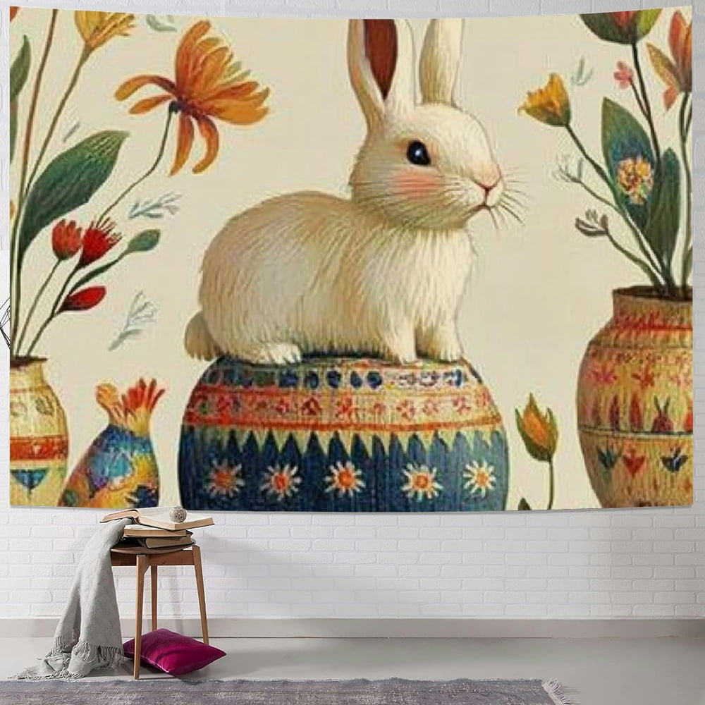 Bciig Rabbits Flowers Vases Tapestry Wall Hanging Unique Style For Home