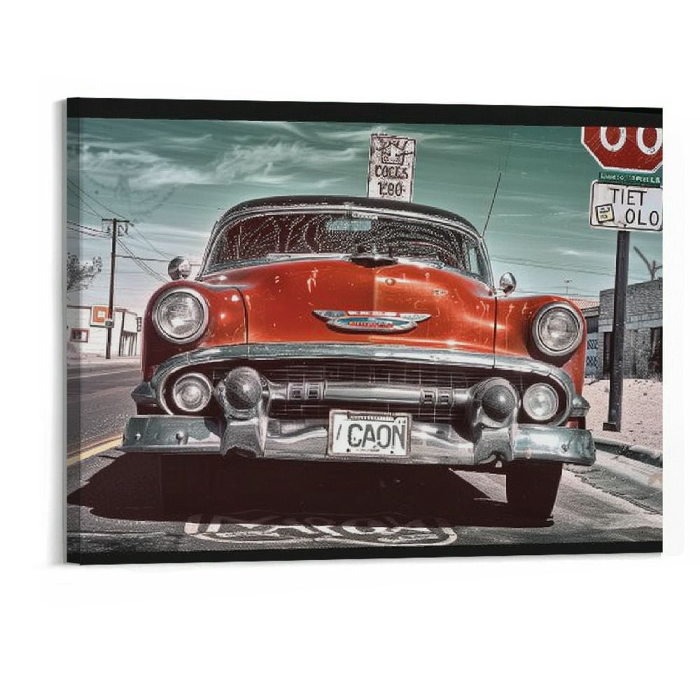 BCIIG Red Classic Car Route 66 Retro Wood Wall Decor - Large Classic ...