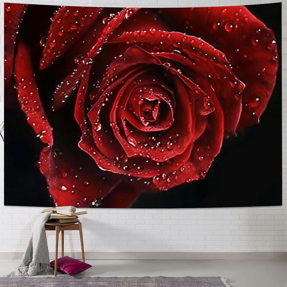 BCIIG Red Rose Water Droplets Black Background Tapestry Wall Hanging ...