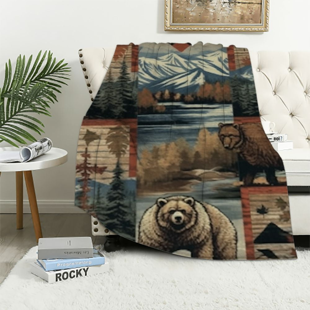 BCIIG Retro Farmhouse Bedding Fleece Throw Blanket,Rustic Cottage Bear ...