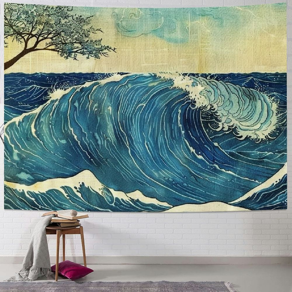BCIIG Retro Ocean Tapestry Wall Hanging, Vintage Blue Watercolor Ocean ...