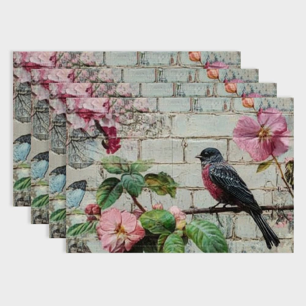 BCIIG Retro Pink Flowers mats Set of 4,Wild Birds Jungle Plants ...