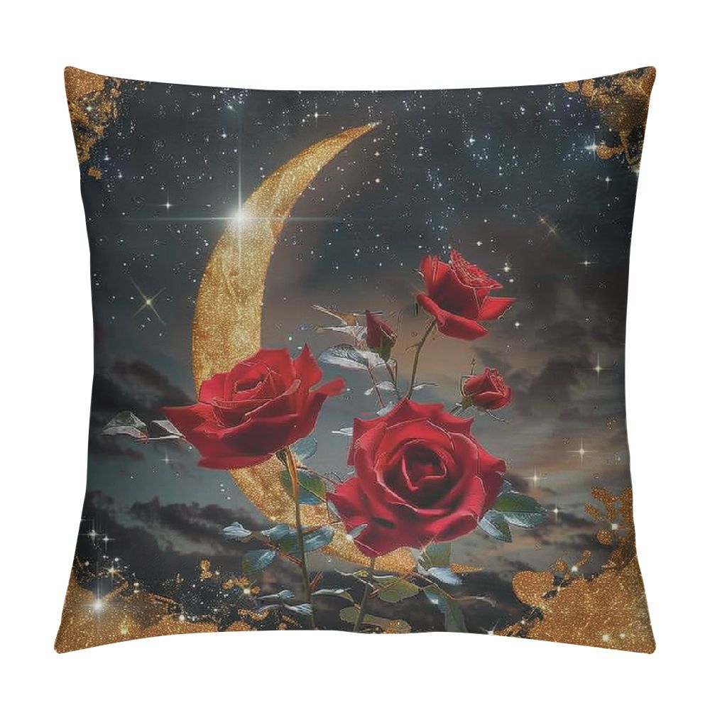 BCIIG Romantic Red Rose Pillow Cover Golden Glitter Moon Shining Stars ...