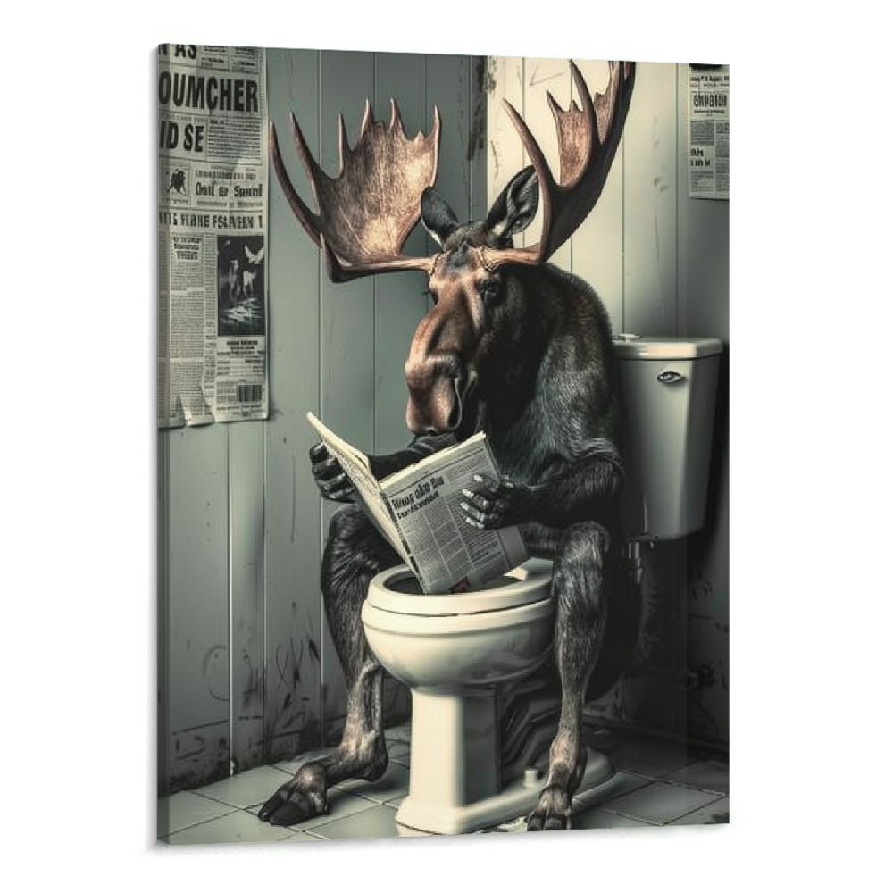 BCIIG Rustic Farmhouse Funny Moose Reading Newspaper In Toilet Canvas ...