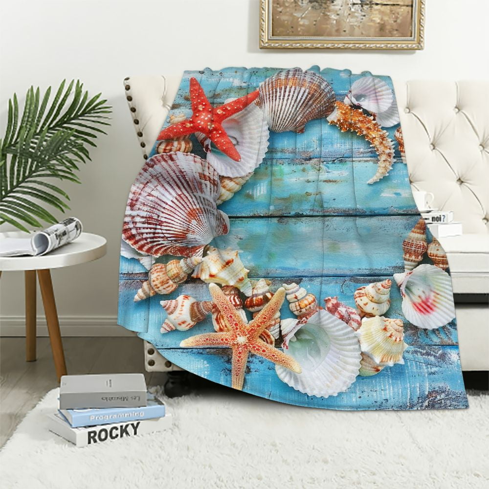 BCIIG Seashells Starfish Blue Background Soft Fleece Blanket ...