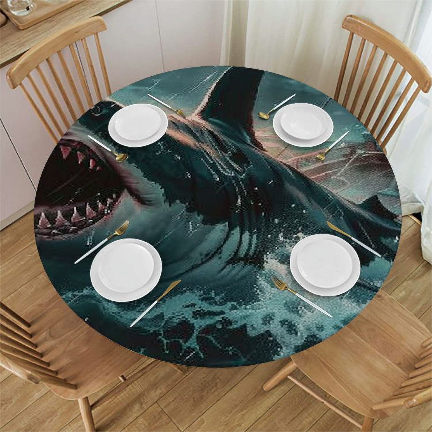 BCIIG Shark Round Table Cover Stain Resistant Washable Polyester Fabric ...