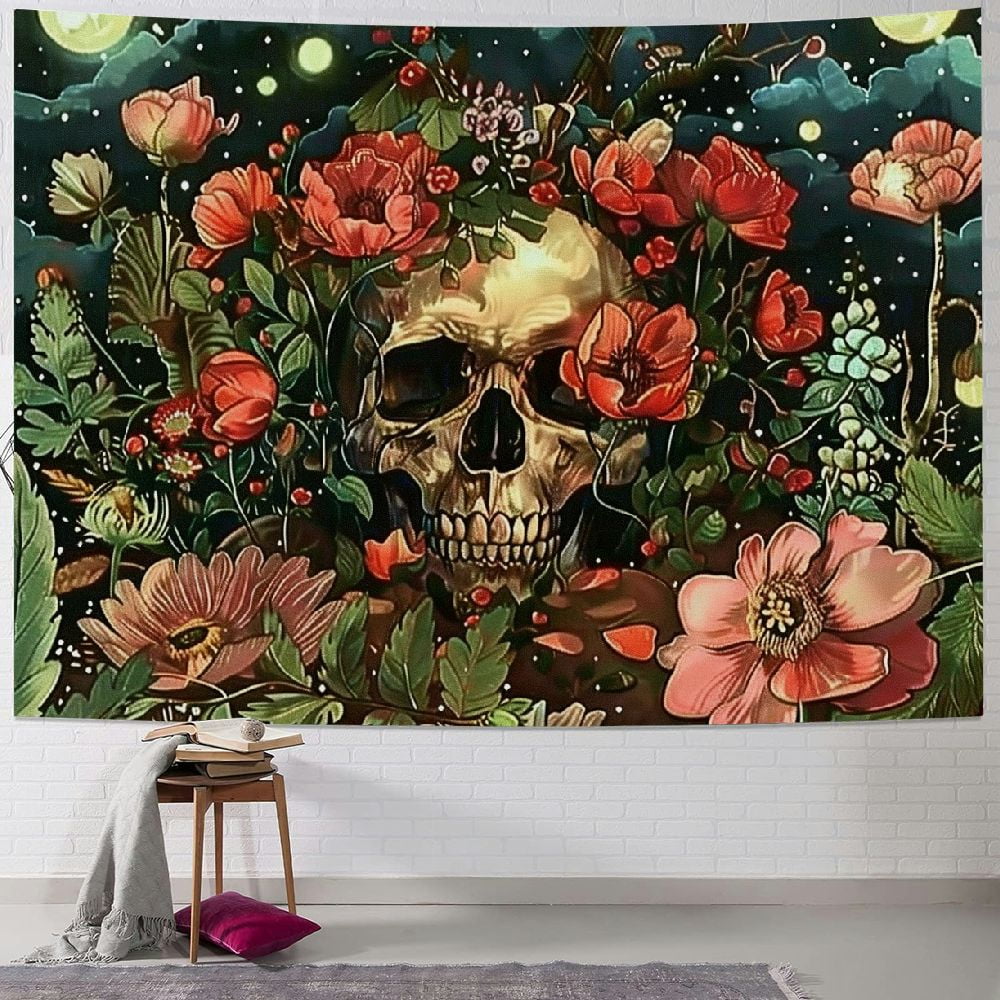 BCIIG Skull Floral Tapestry Flowers Skeleton Tapestry Moon Garden ...