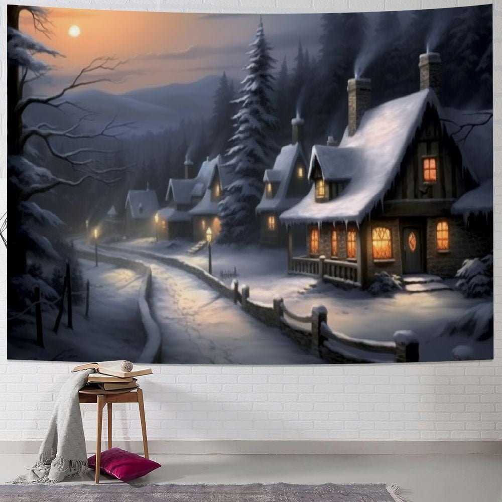 BCIIG Snowy Village Under Full Moon Tapestry Wall Hanging Unique Style ...