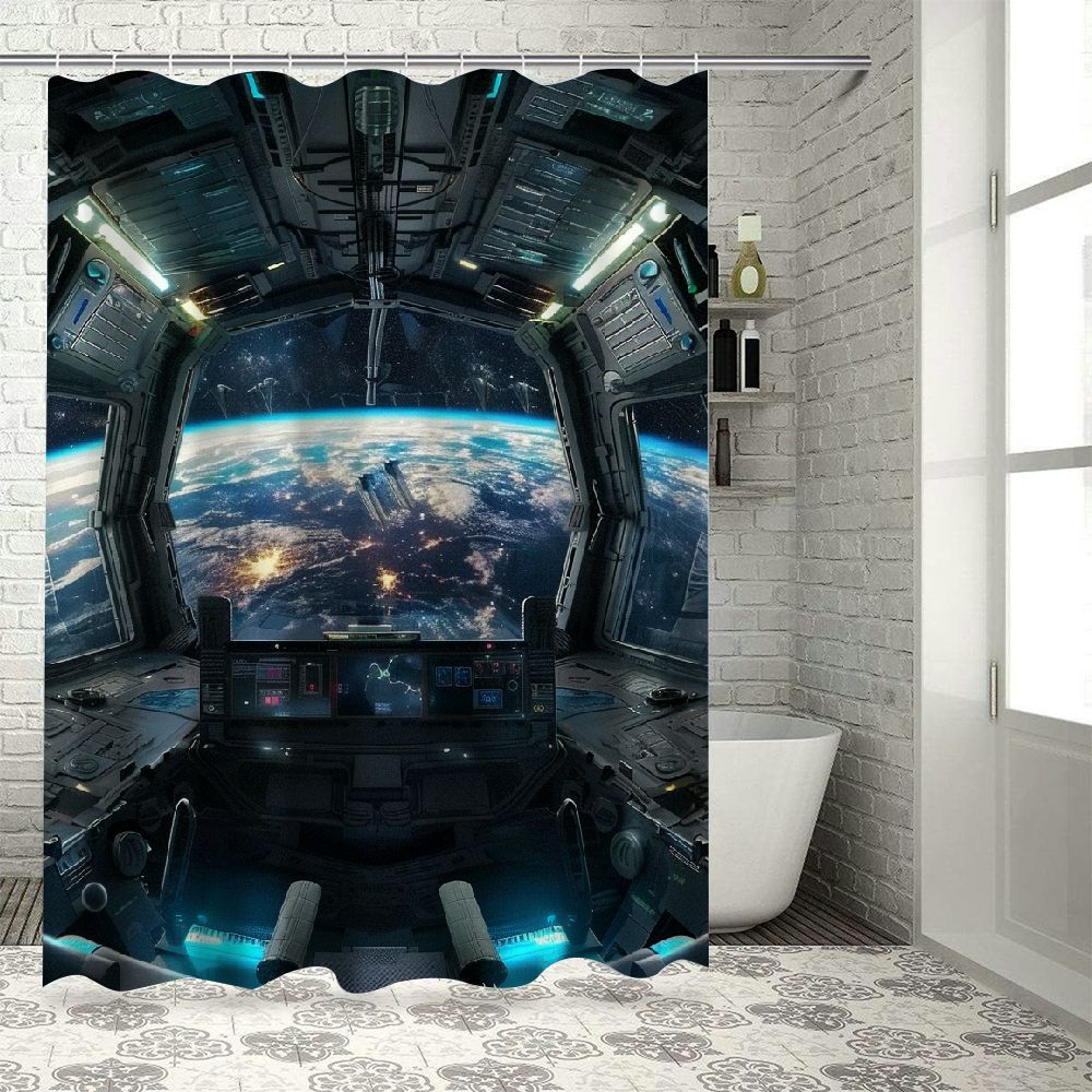 BCIIG Spaceship Interior Shower Curtain Planet Earth Galaxy Futuristic ...