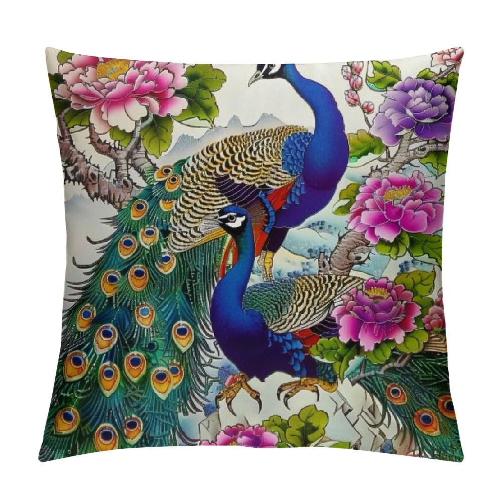 BCIIG Square Fabric Throw Pillow Cushion Cover Peacock Pattern Peacock Feathers Double Sides ...