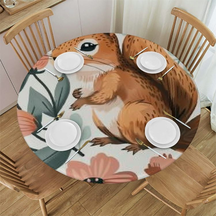BCIIG Squirrel Flowers Round Tablecloth Stain-Resistant Washable Polyester Table Cover for ...