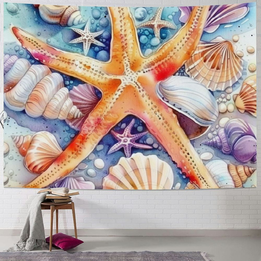 BCIIG Starfish Seashells Watercolor Graphic Tapestry Wall Hanging ...
