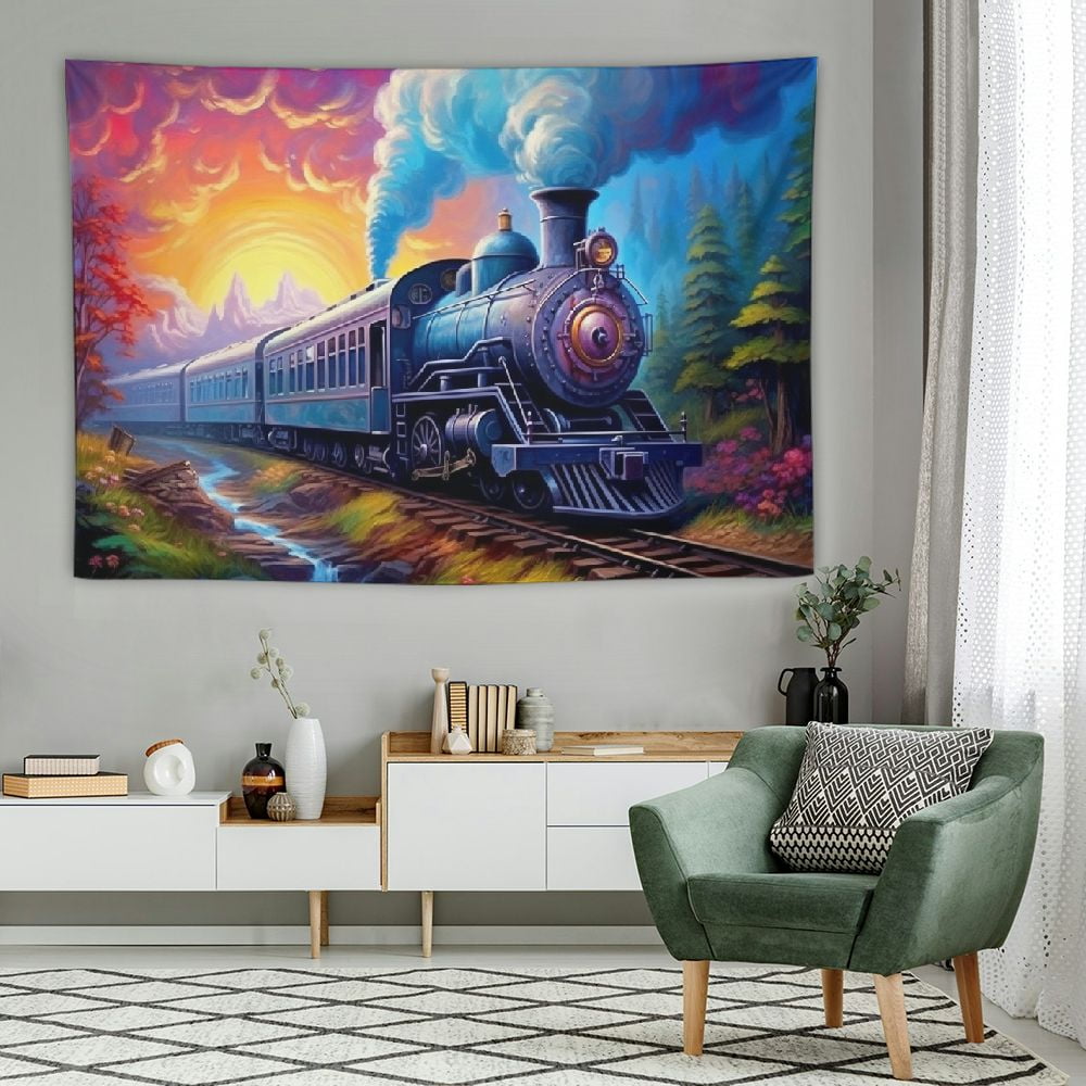 BCIIG Steam Train Tapestry Rainbow Cloud Sky Forest Mountain Castle ...