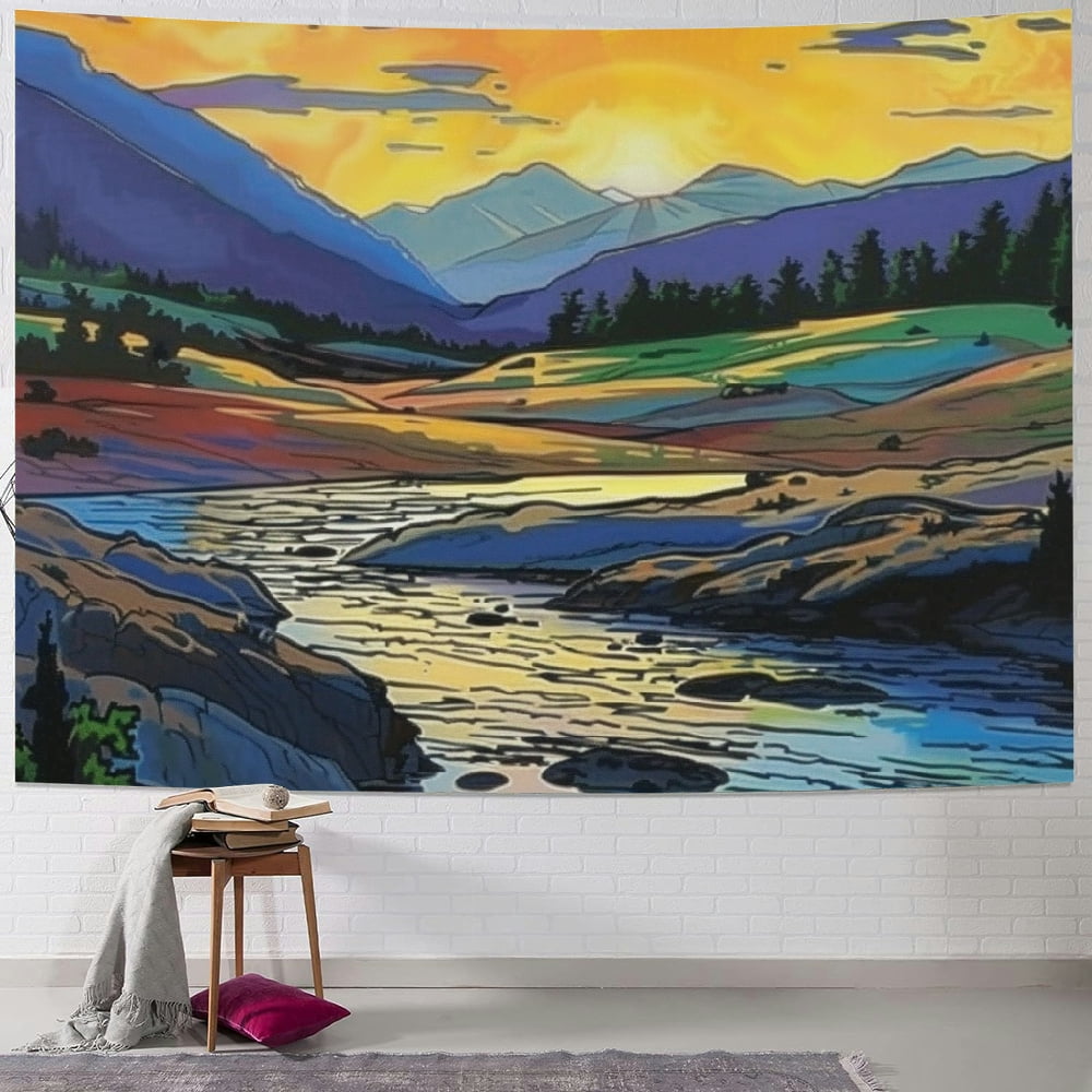 BCIIG Sunset Mountains River Tapestry Wall Hanging Unique Style Graphic ...