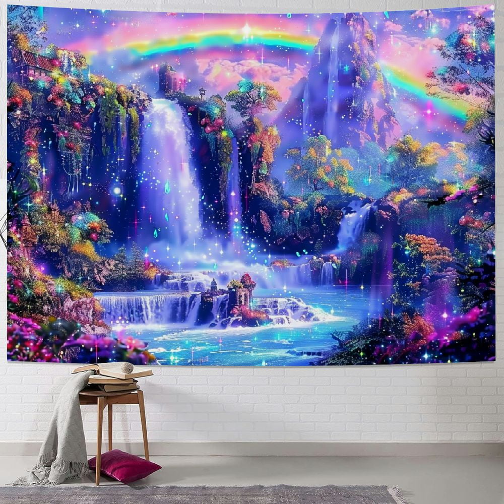 BCIIG Tapestry Fantasy Forest Tapestry UV Reactive Waterfall Rainbow ...