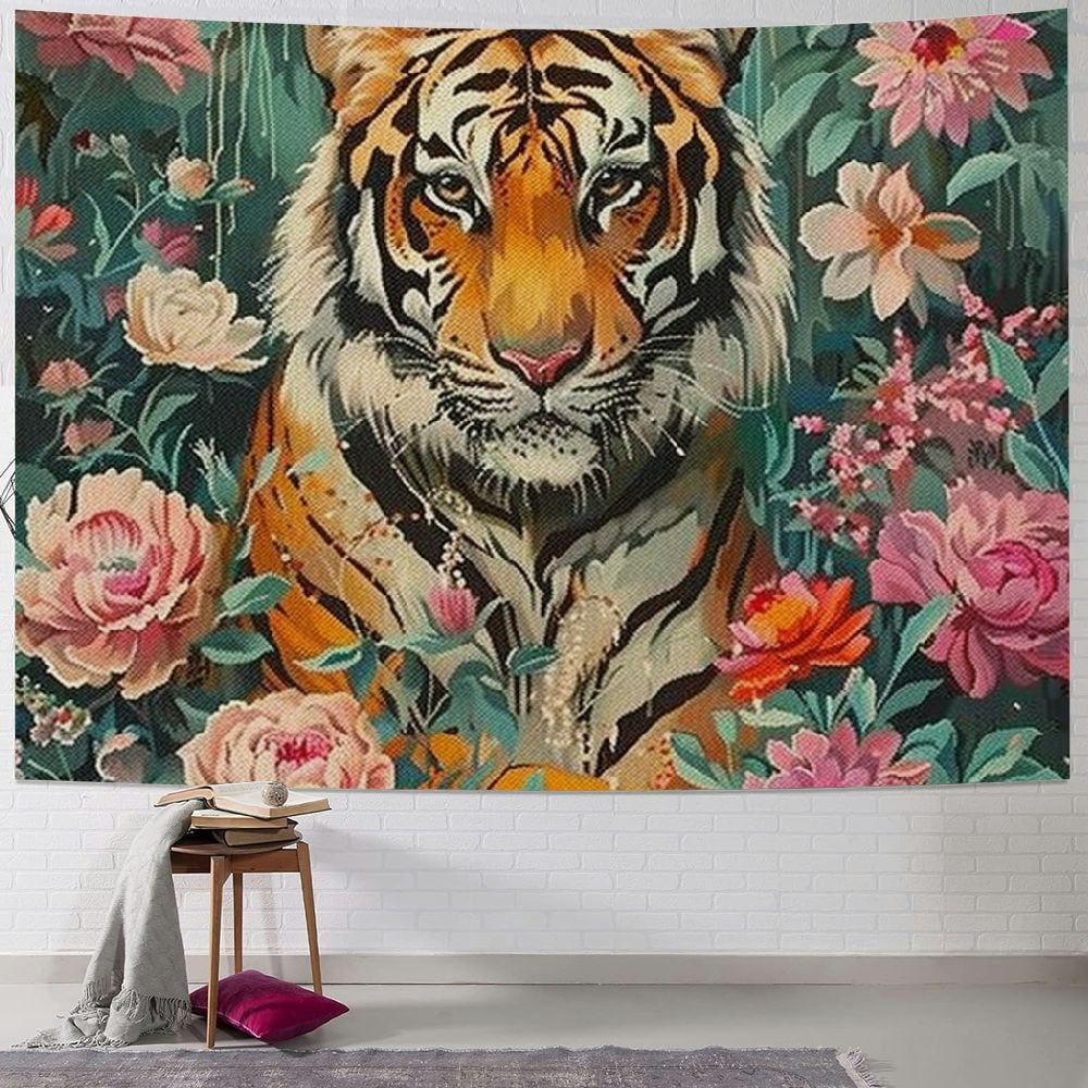 BCIIG Tiger Flowers Tapestry Wall Hanging Unique Style Graphic ...