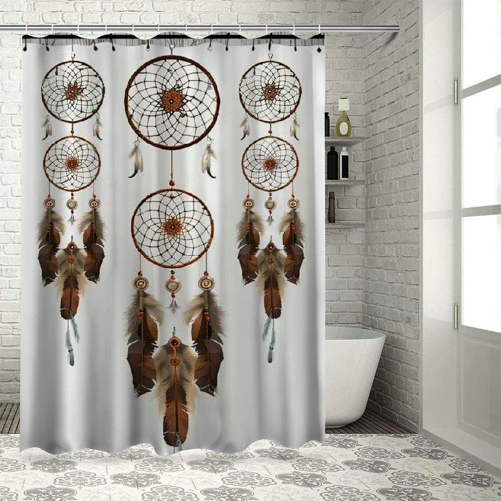 BCIIG Tribal Shower Curtain, Oval Shapes Pattern with Bird Feathers ...