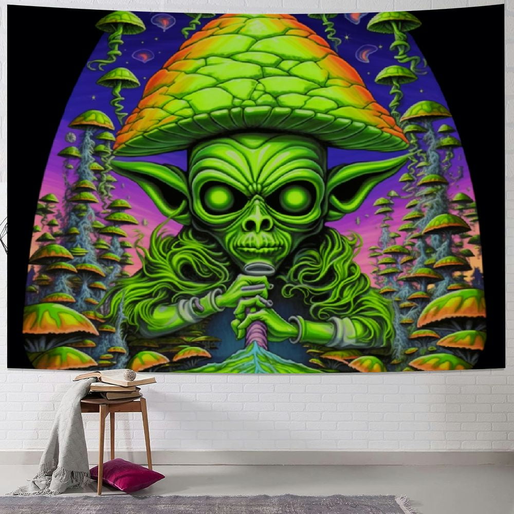 BCIIG Trippy Weed Cool Alien Tapestry , Funny Alien Psychedelic Mushroom Tapestry Cannabis ...