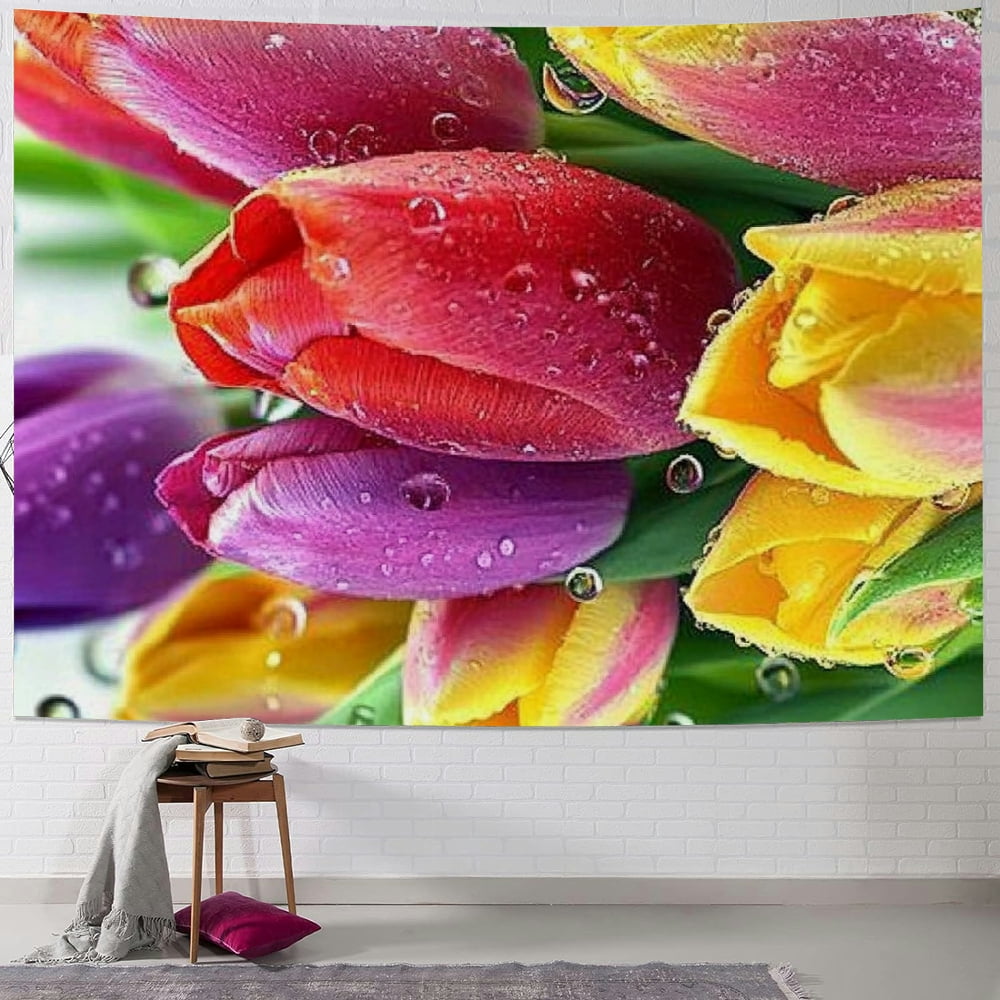 BCIIG Tulips Flowers Water Drops Tapestry Wall Hanging Unique Style for ...