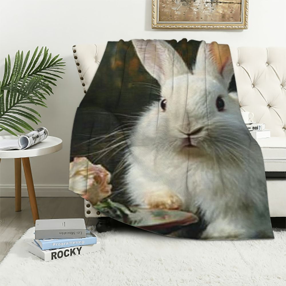 BCIIG Ultra-Soft Micro Blanket White Rabbit and Lilies Throw Blanket ...