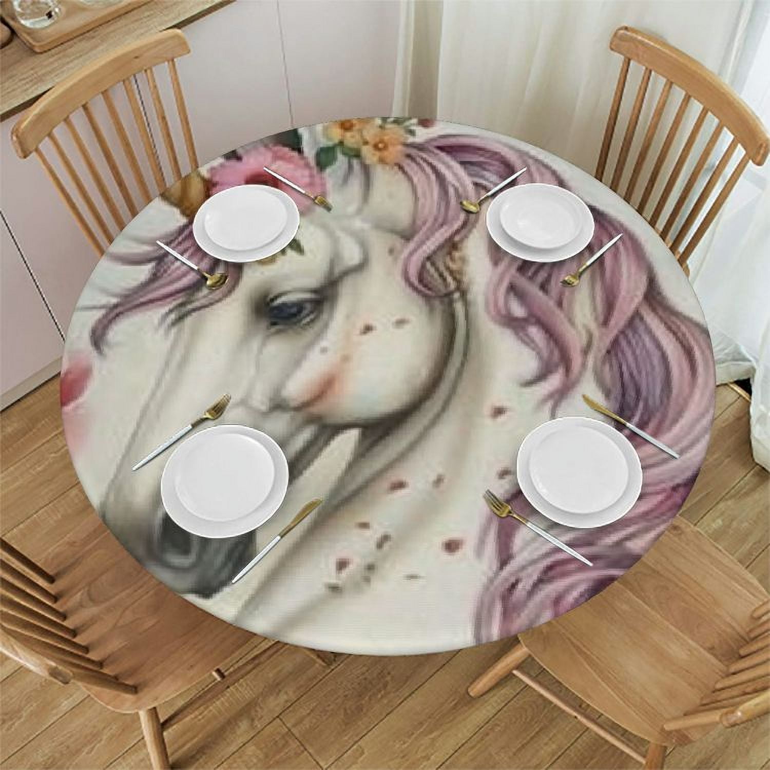 BCIIG Unicorn Flowers Fantasy Round Tablecloth Stain-Resistant Washable ...