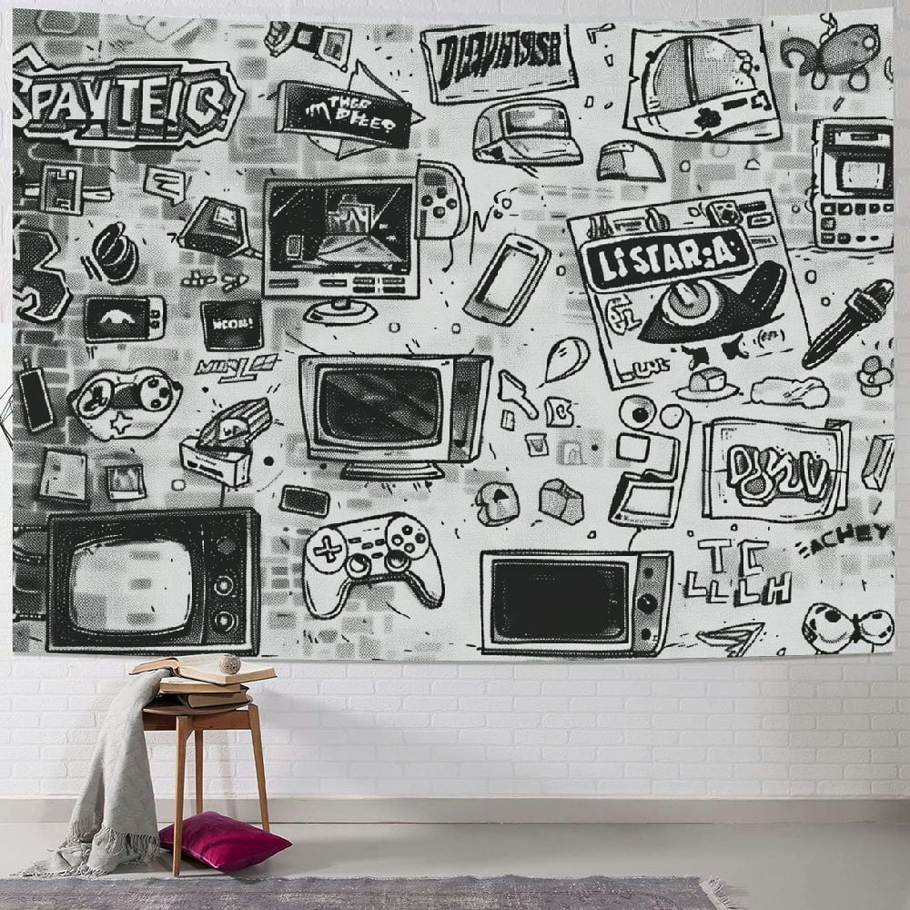 BCIIG Video Games Tapestry, Monochrome Sketch Style Gaming Design ...