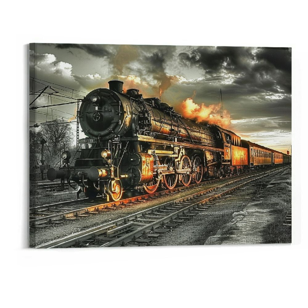 BCIIG Vintage Black and Orange Steam Train Locomotive Canvas Wall Art ...