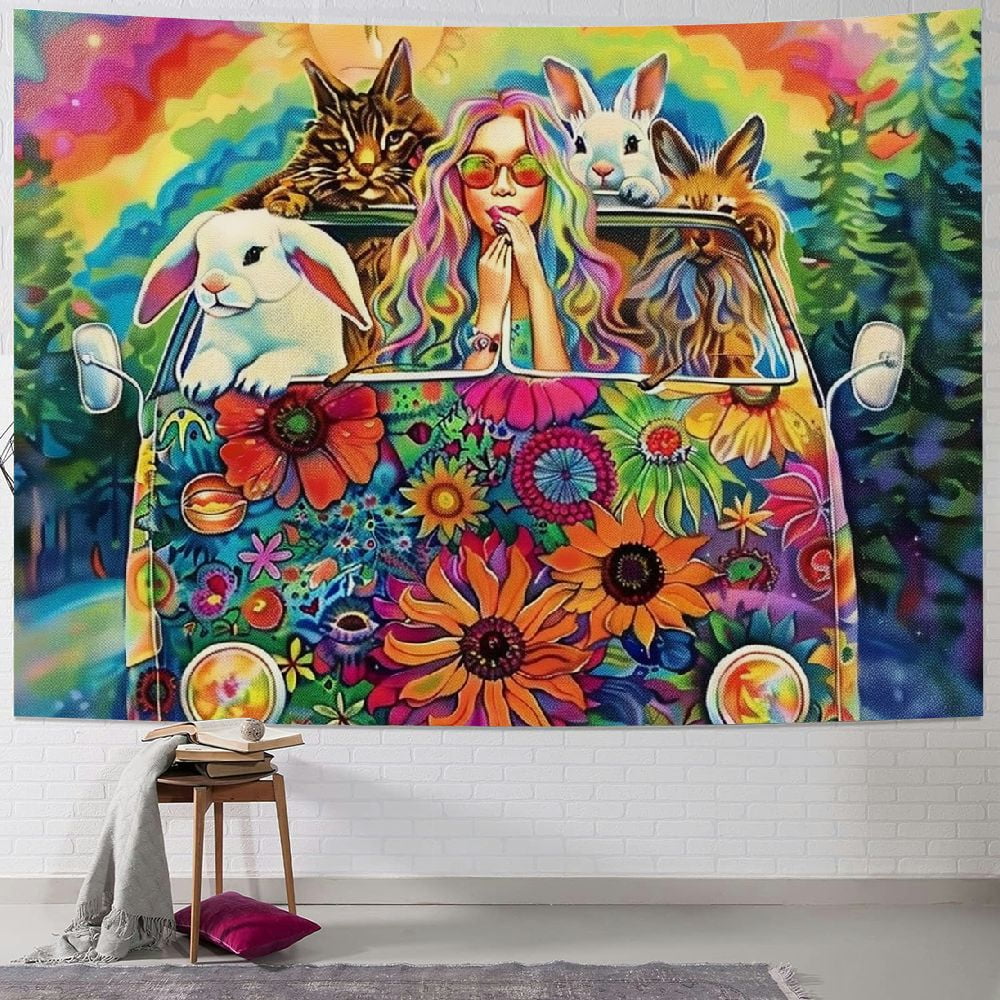 BCIIG Vintage Bus Llama Tapestry Groovy Wall Art Colorful Peace and ...