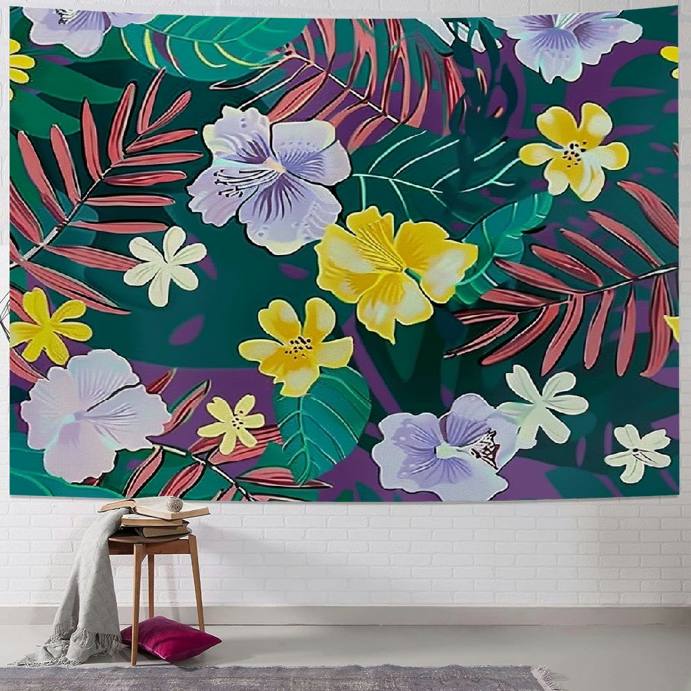 BCIIG Wall Tapestry Tropical Palm Texture Hawaii Hibiscus Flora Flowers Nature Paradise Spring ...
