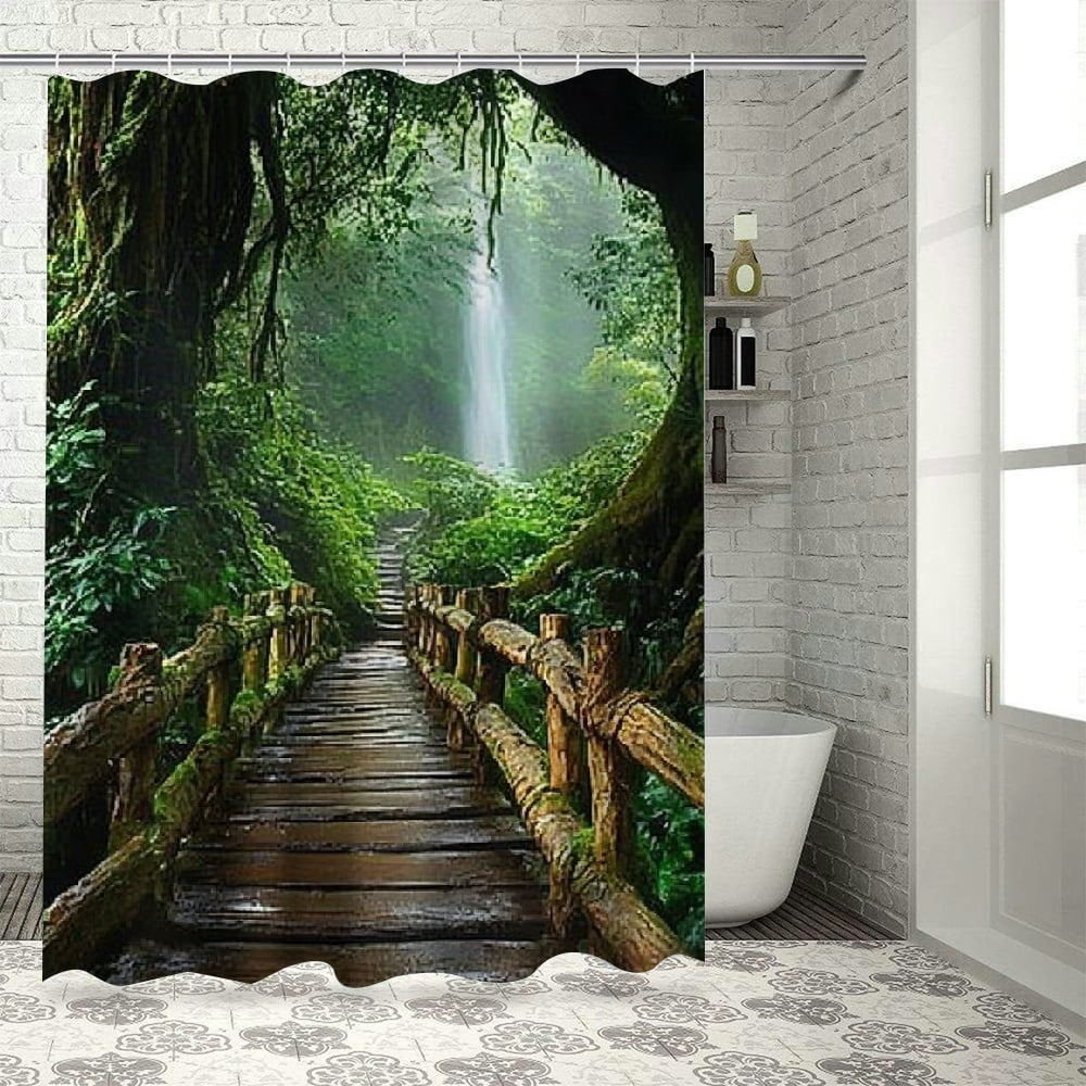 BCIIG Waterfall Forest Bridge Shower Curtain 100% Polyester with Hooks ...