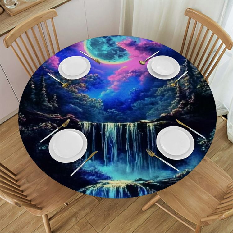 BCIIG Waterfall Forest Full Moon Round Tablecloth Stain-Resistant ...