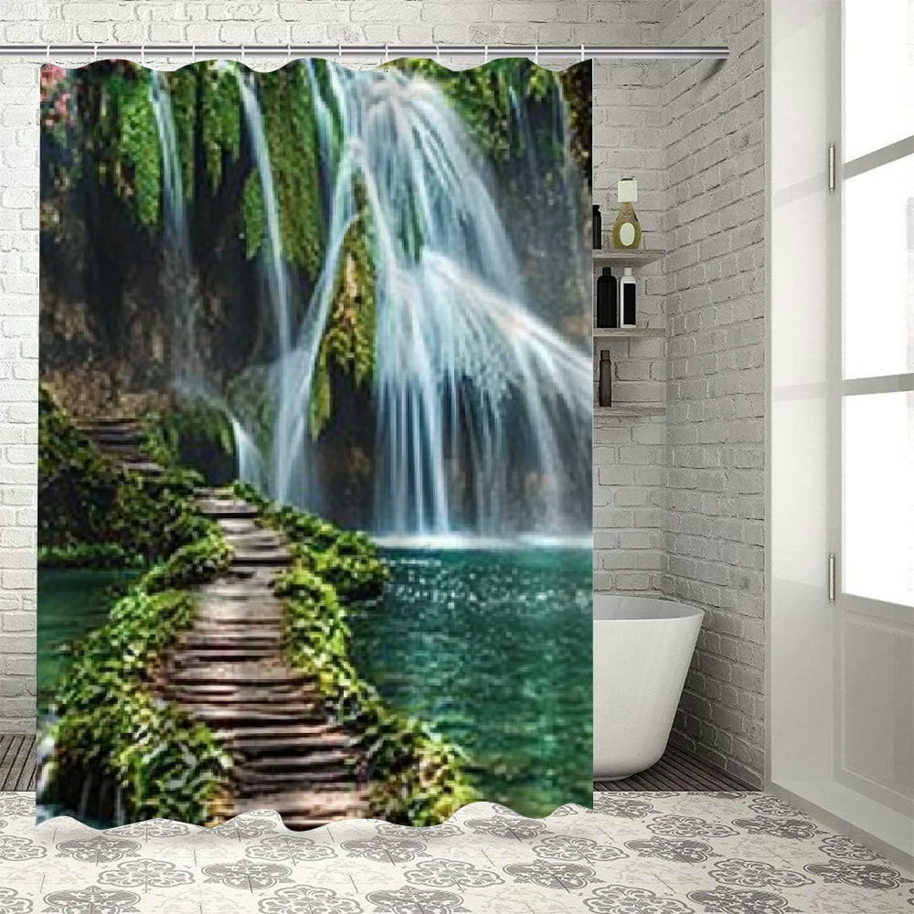 BCIIG Waterfall Woods Path Shower Curtain with Hooks - 100% Polyester ...