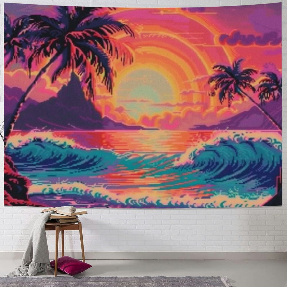 BCIIG Wave Tapestry Trippy Sun Tapestry Neon Palm Tree Wall Tapestry ...