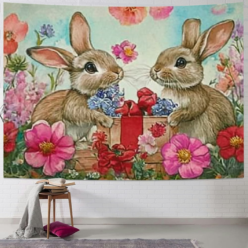 BCIIG Whimsical Rabbits Flowers Tapestry Wall Hanging Home Decor ...