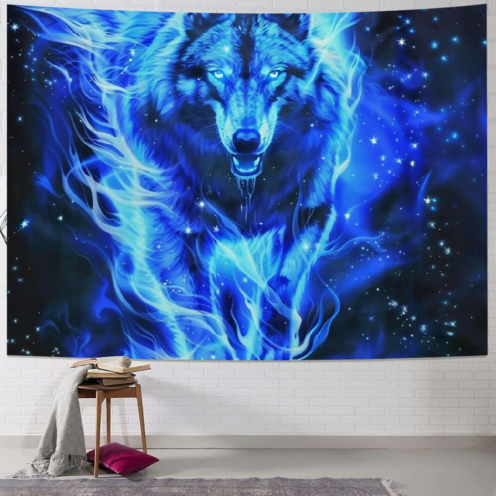 BCIIG Wolf Blue Fire Stars Tapestry Wall Hanging Unique Style Graphic ...
