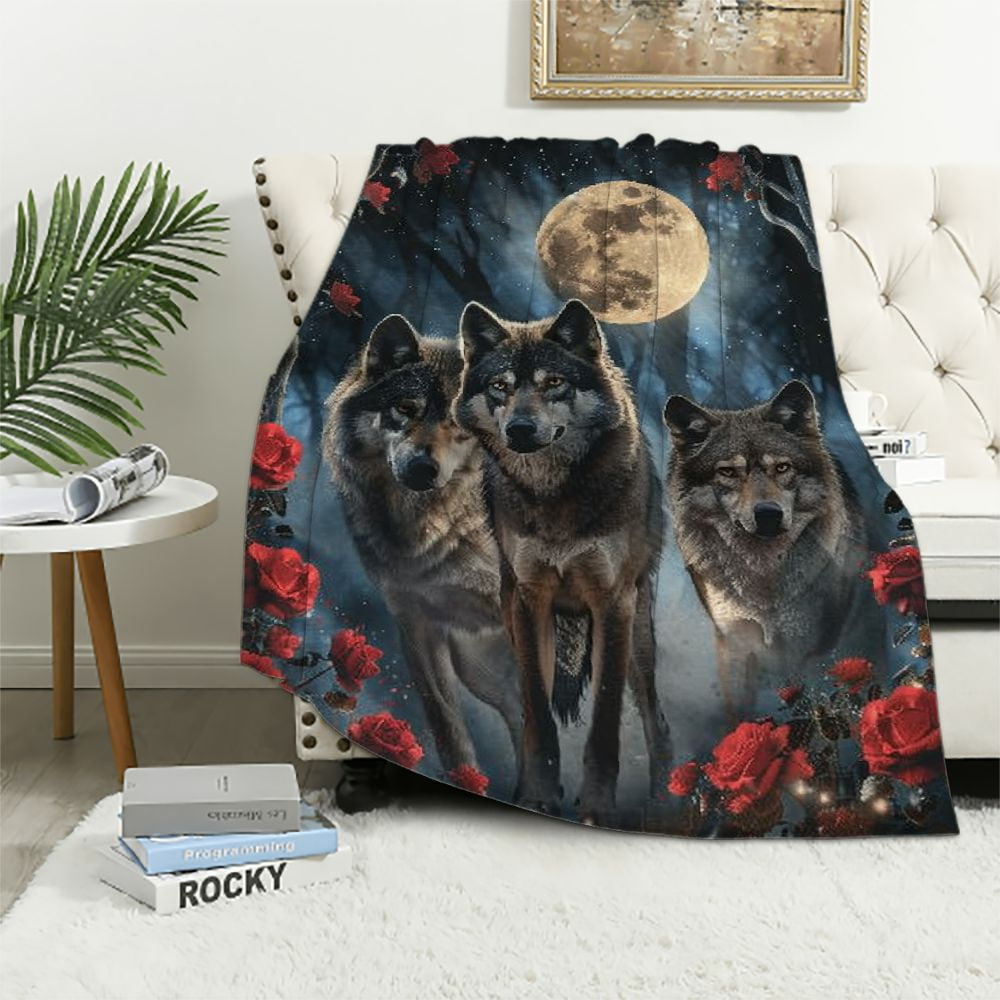 BCIIG Wolf Fleece Sherpa Blanket,Red Rose Wolves Throw Blanket, Blanket ...