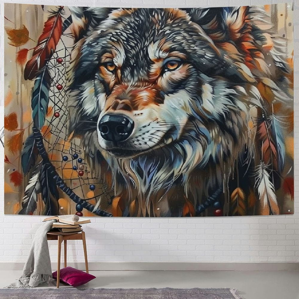 BCIIG Wolf Native Indian Dreamcatcher Vintage Tapestry Wall Hanging ...