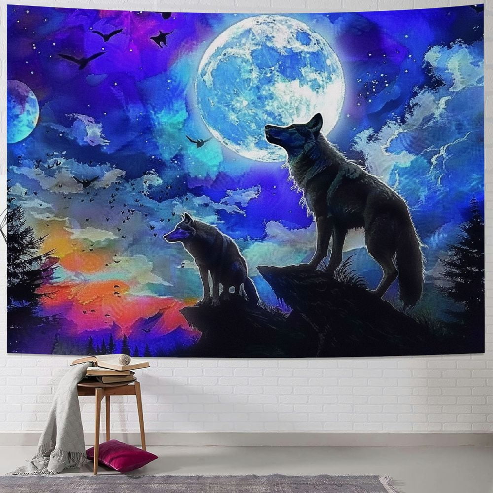 BCIIG Wolf Tapestry Full Moon in Sky, Purple Trippy Tapestries Wall ...