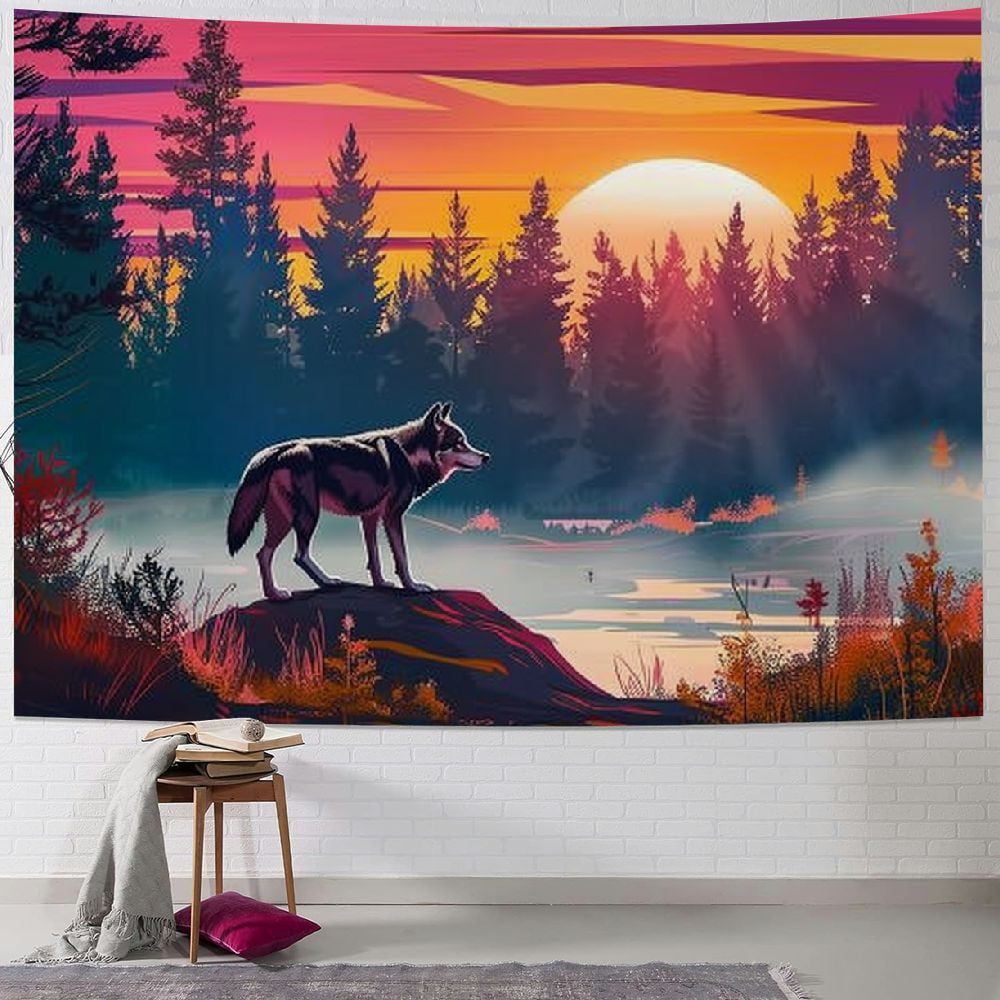 BCIIG Wolf Tapestry Sun Mountain Wall Tapestries Forest Tree Tapestry ...