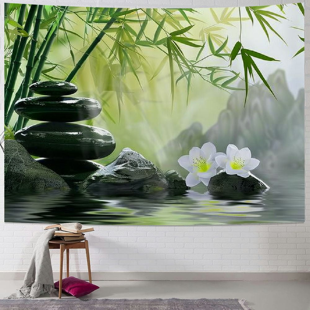 BCIIG Zen Garden Tapestry Spa Green Bamboo Black Stone White Flower ...