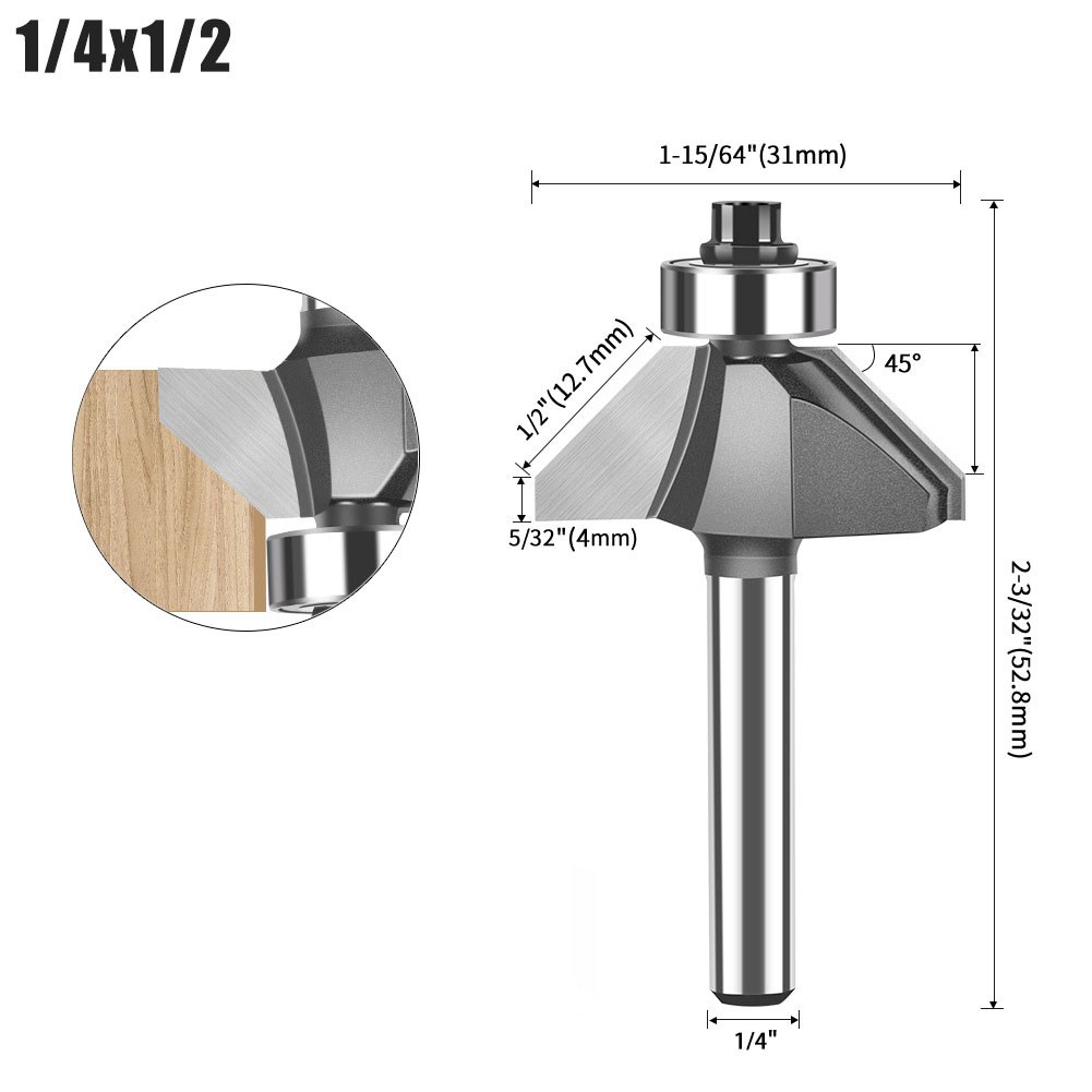 BCLONG 1/4 Shank 45 Degrees With Bearing Router Bits For Woodworking ...