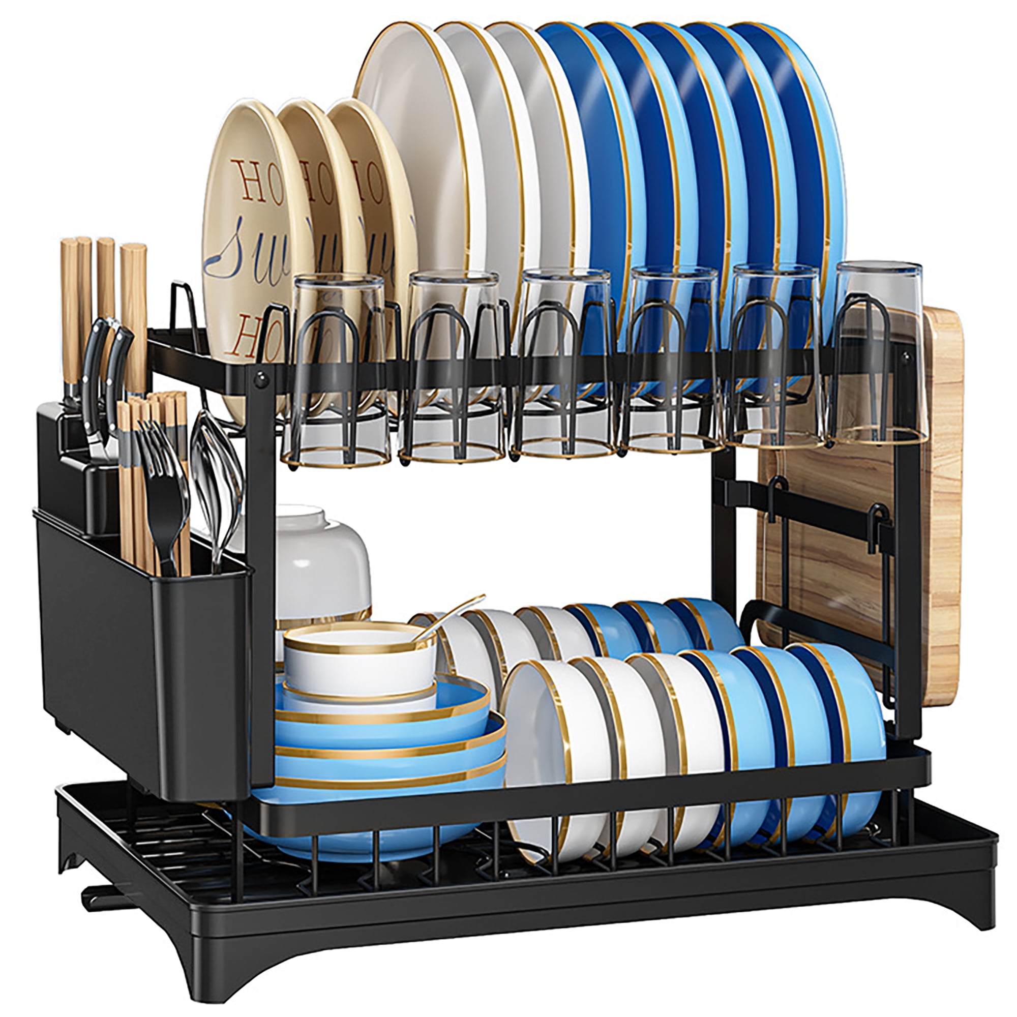 BCOOSS 2-Tier Kitchen Dish Drying Rack with Utensil Holder, Silverware ...