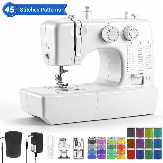 BCOOSSS Beginner Sewing Machine, Portable with 45 Stitches, 3 Sewing ...