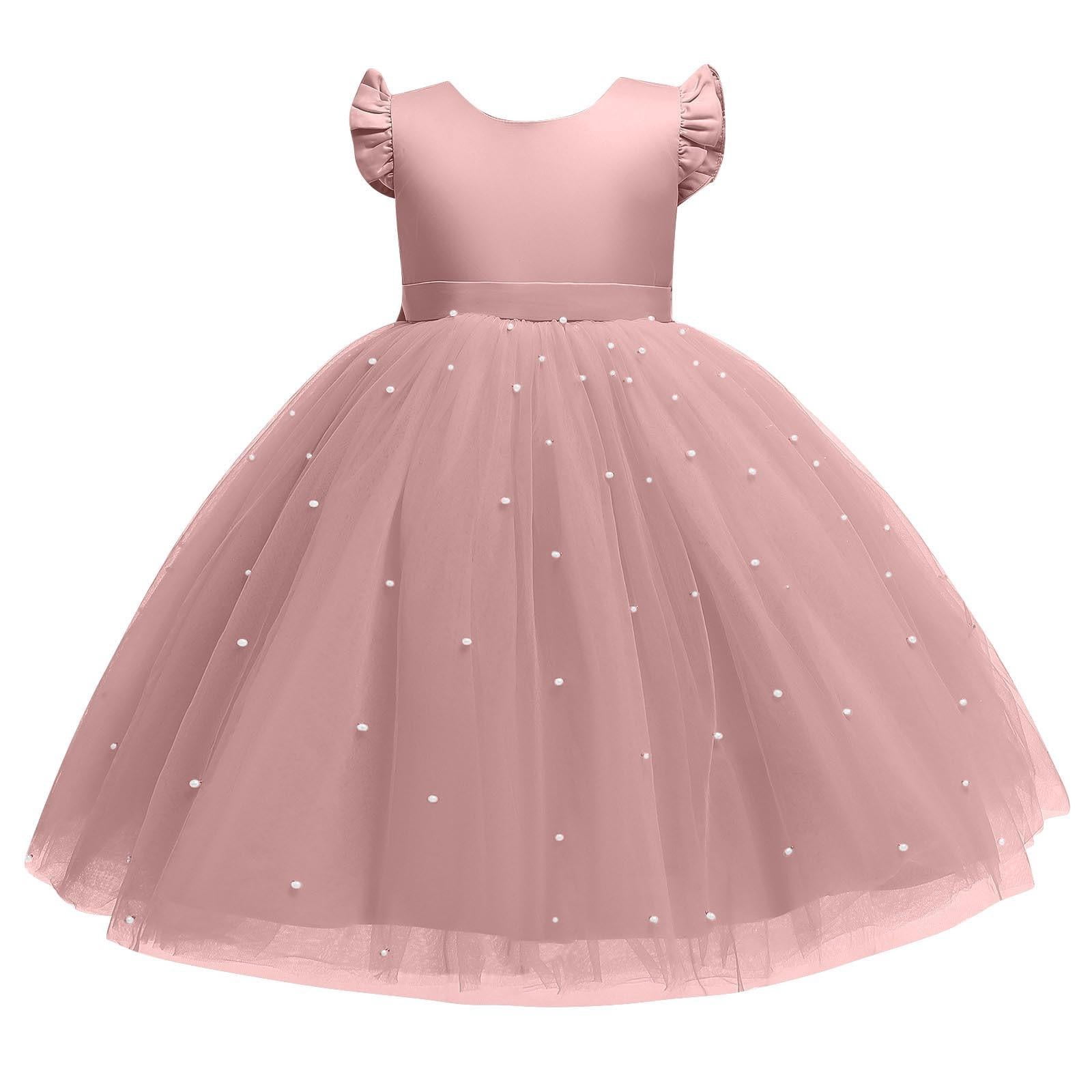 BCSIOAOI Girls Dress,Ruffle Sleeve Solid Pearl-Embellished Tulle A-Line ...