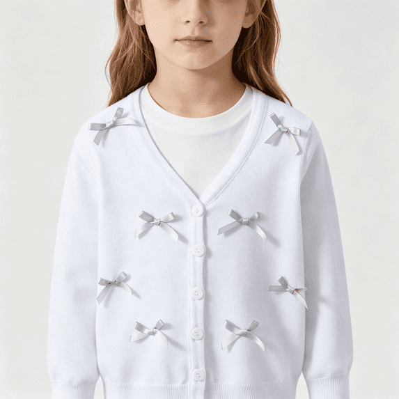 BCSIOAOI Girls Jacket,V-Neck Button Front Bow Decor Long Sleeve Ribbed ...