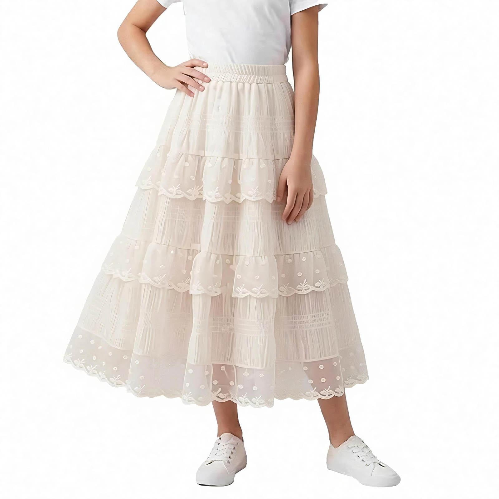 BCSIOAOI Girls Long Skirt, Elastic Waist Lace Tiered Layered Cake ...