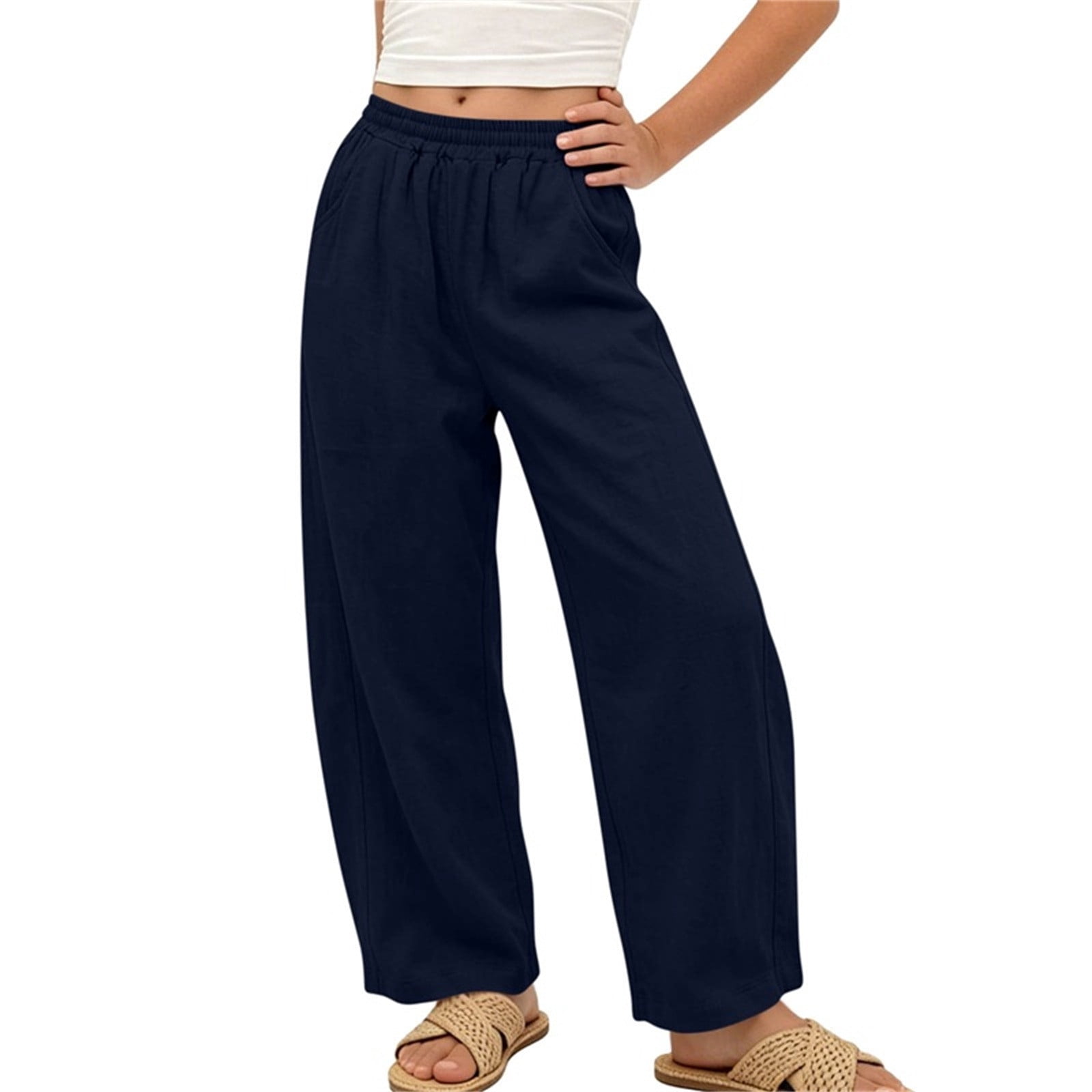 BCSIOAOI Girls Pants,Cotton Solid Straight Open Hem Elastic Waist Loose ...