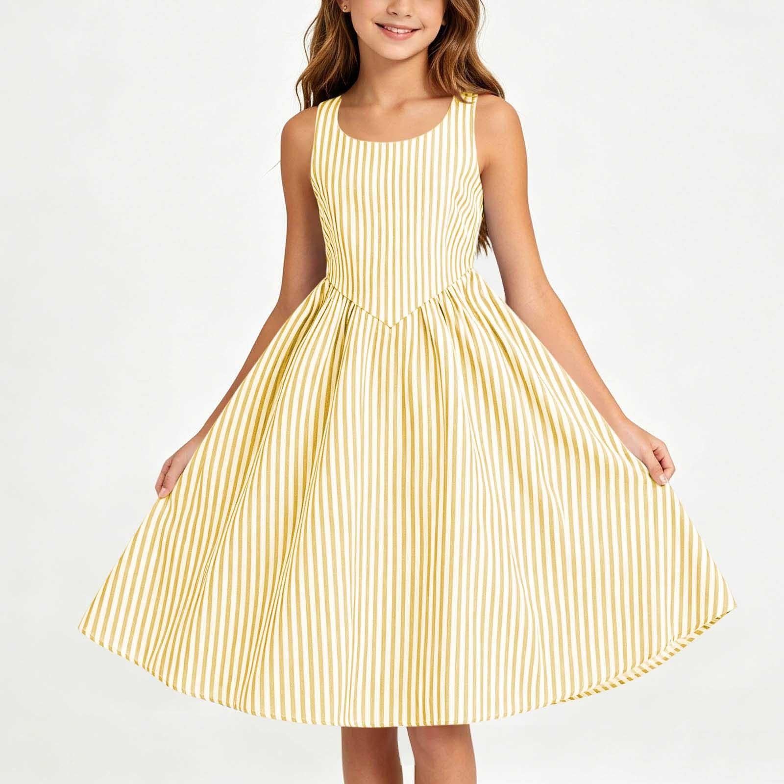 BCSIOAOI Kids Girls Dress,Sleeveless Striped Crew Neck A-Line Dress ...